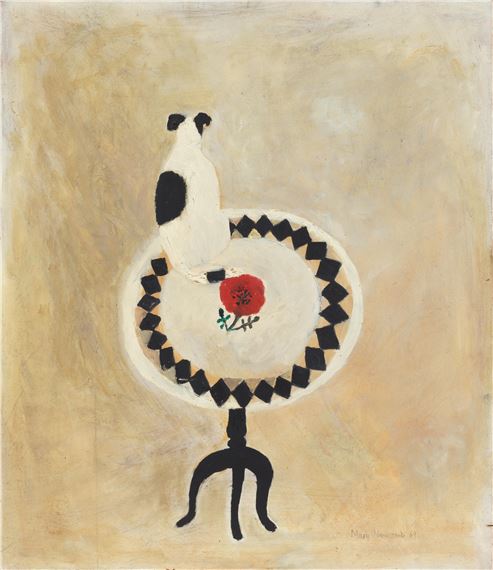 Newcomb Mary | Dog on a table 60.5 x 70 cm. (23 3/4 x 27 1/2 in (1969 ...