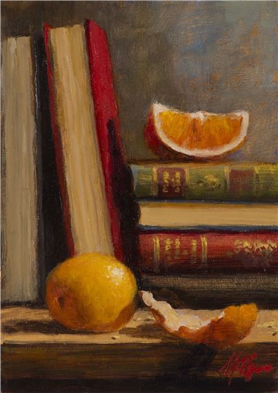 Mat Grogan | MANDARIN ORANGES ON THE BOOKSHELF | MutualArt