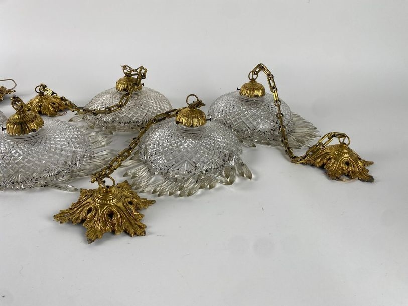Val Saint Lambert | Five molded and cut crystal pendants with gilt ...