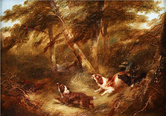 George Armfield | Three Spaniels Flushing Out a Pheasant | MutualArt