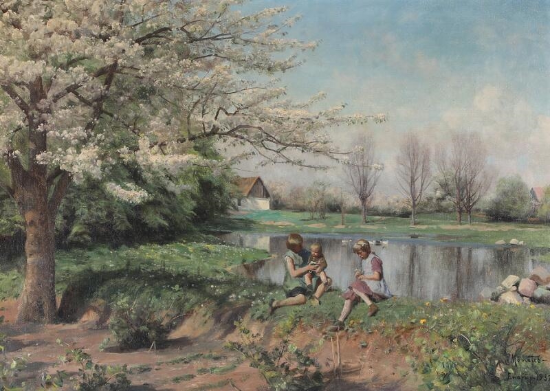 Peder Mork Monsted | Scenery with three children under a blooming ...