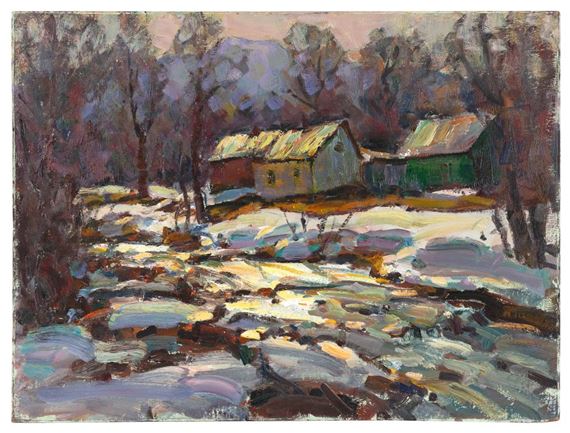 Thomas R. Curtin | Winter scene with stream and barns | MutualArt