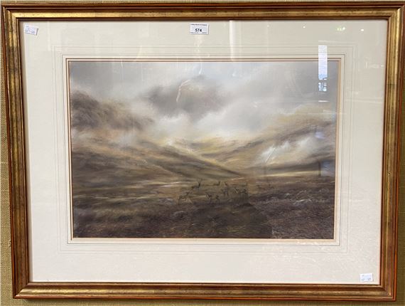 Iain Ross | Stag and hinds in a misty landscape (1986) | MutualArt