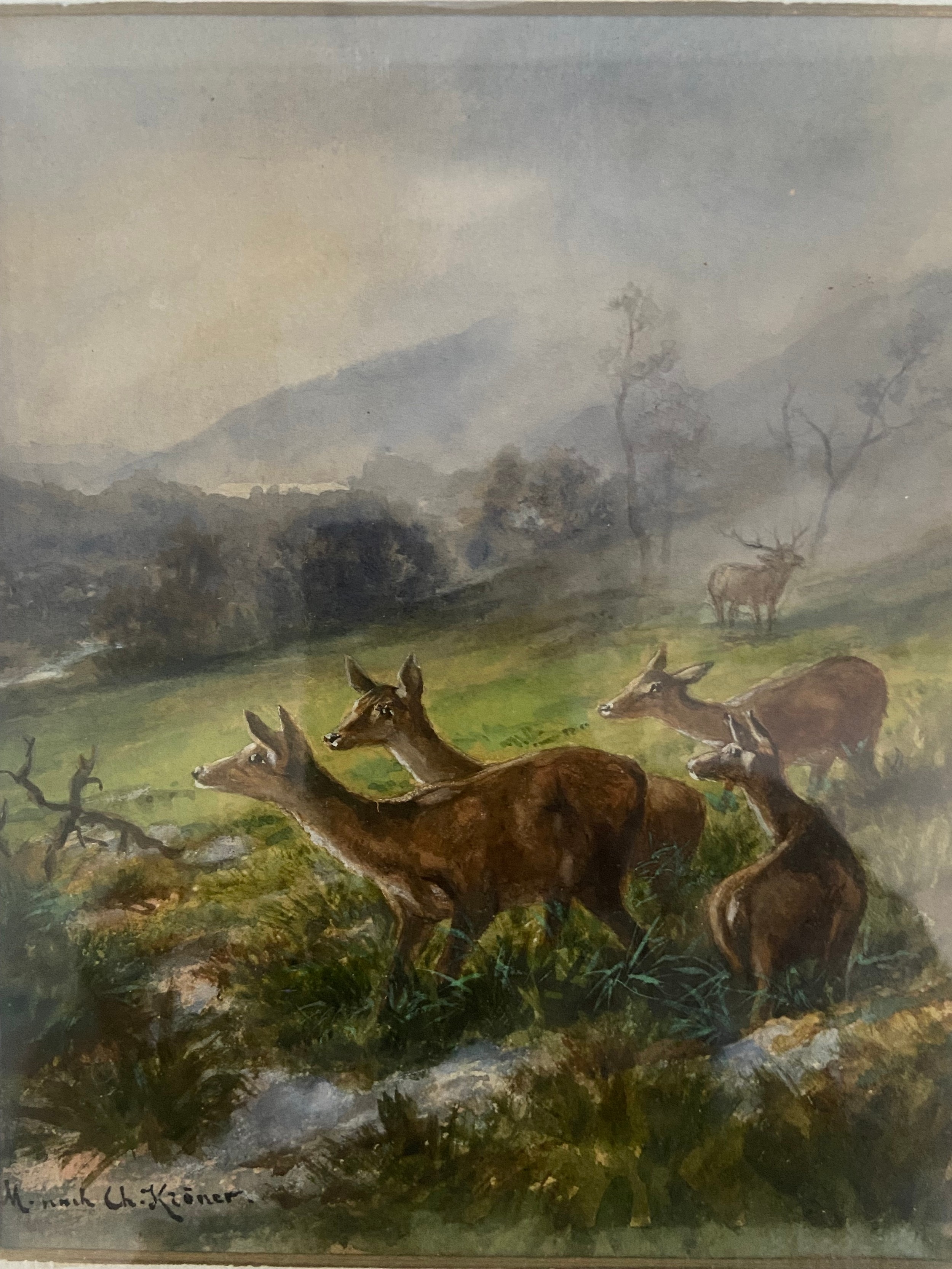 Johann Christian Kröner | red deer in a misty country landscape | MutualArt