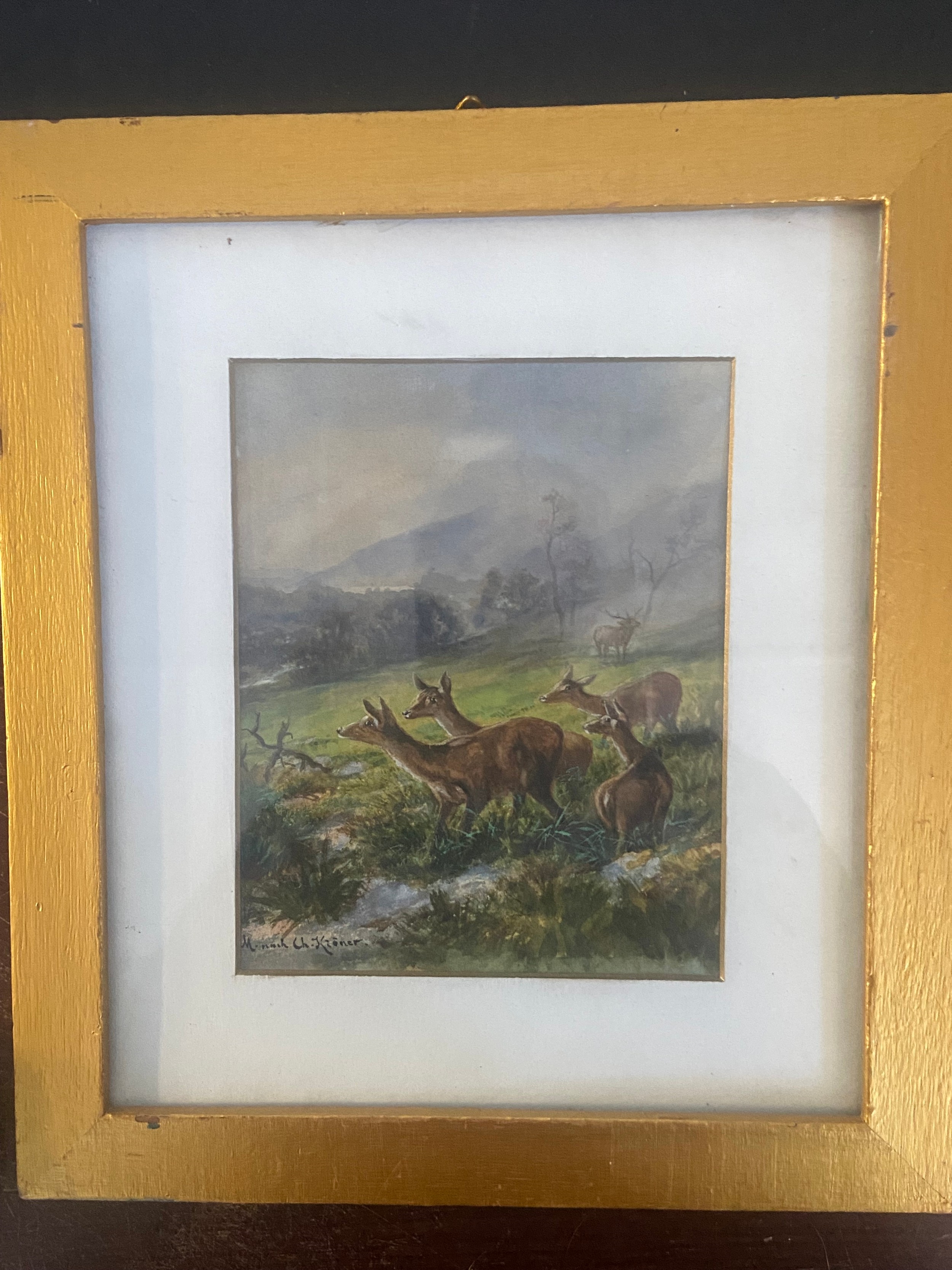 Johann Christian Kröner | red deer in a misty country landscape | MutualArt