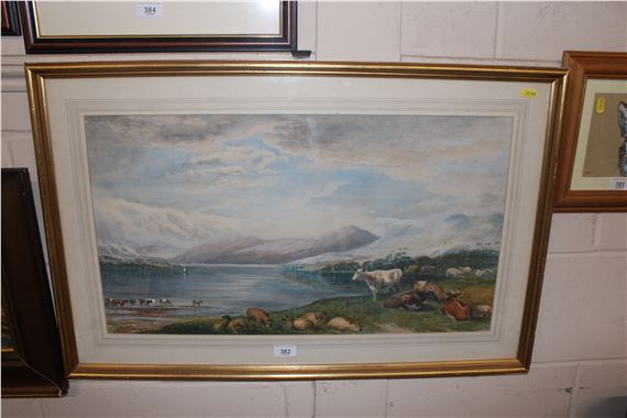 Cornelius Pearson | watercolour of cattle and sheep by a river | MutualArt