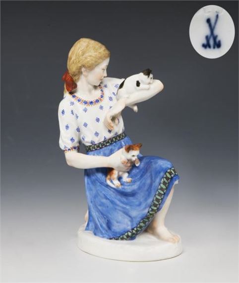 Alfred König | Mädchen mit jungen Katzen (1917 - 1923) | MutualArt