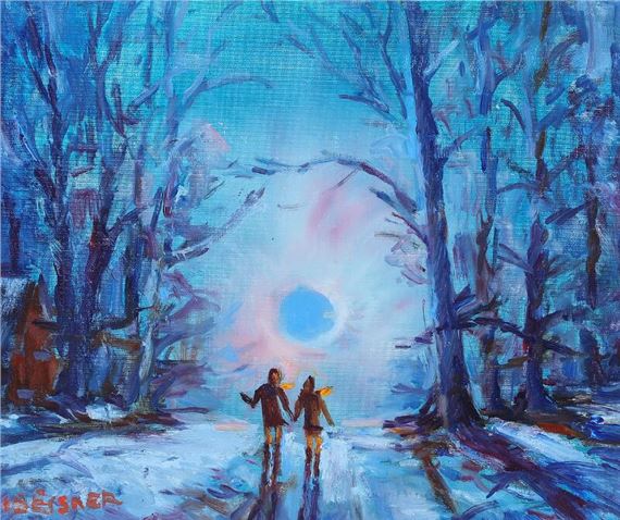 Ib Eisner | Winter scene with two people walking towards the low sun ...