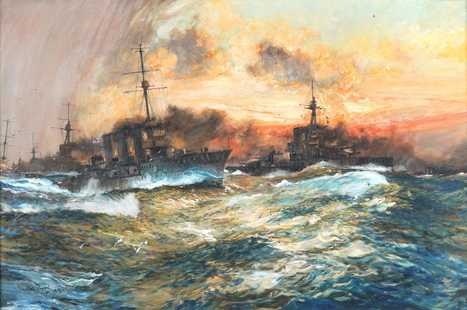 Charles Edward Dixon | Royal Navy convoy at Sunset, World War I (1918 ...