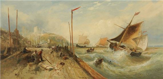 William Edward Webb | Fisherman on a jetty with shipping in heavy seas ...