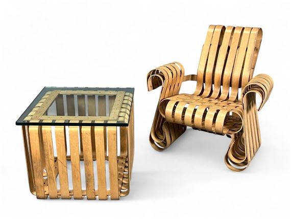 Frank Gehry | Power Play Bent Maple Arm Chair & Side Table (93) | MutualArt