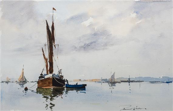 Edward Wesson | An estuary view with boats at their moorings | MutualArt