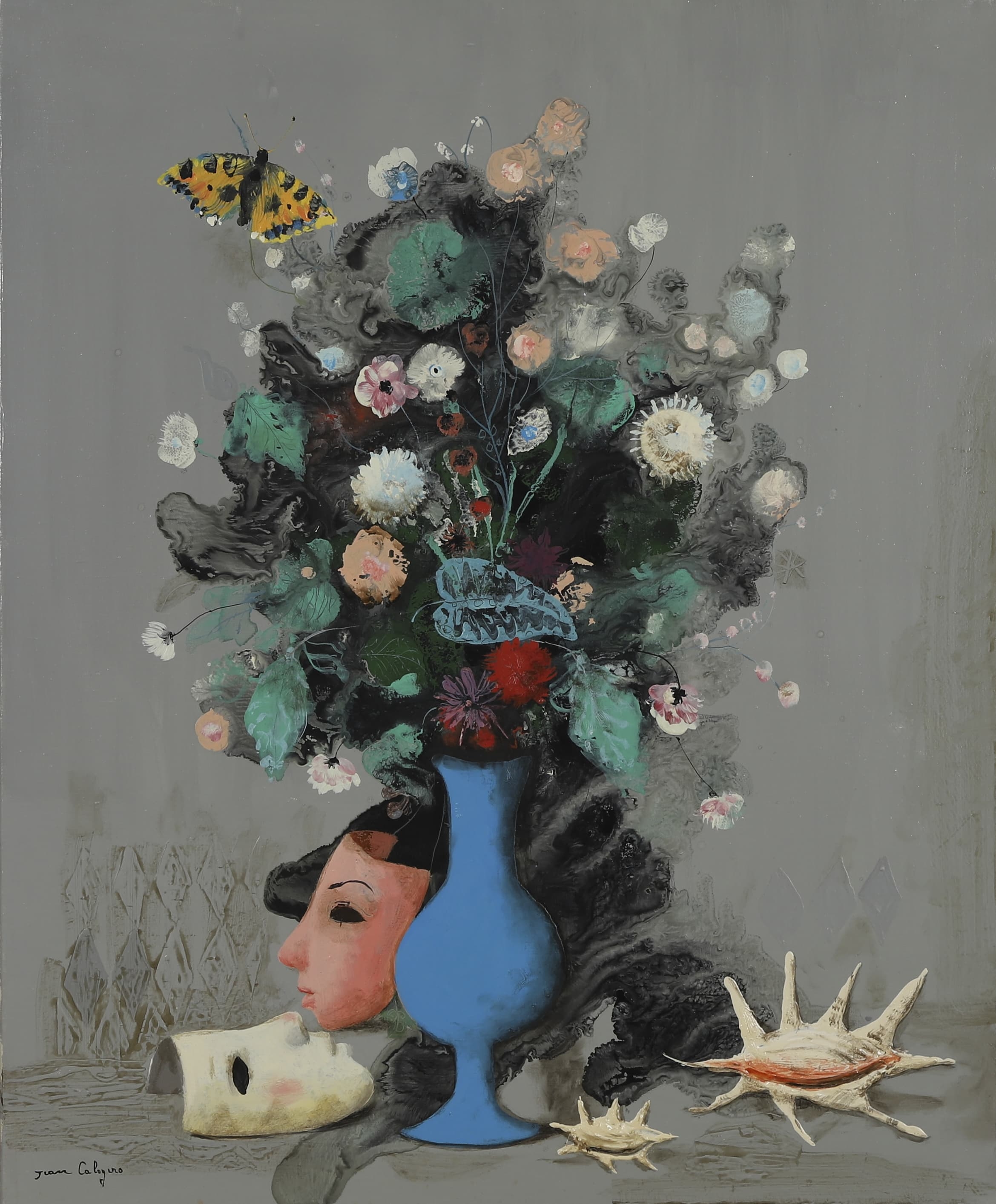 Jean Calogero | Nature morte au vase fleuri et aux masques | MutualArt