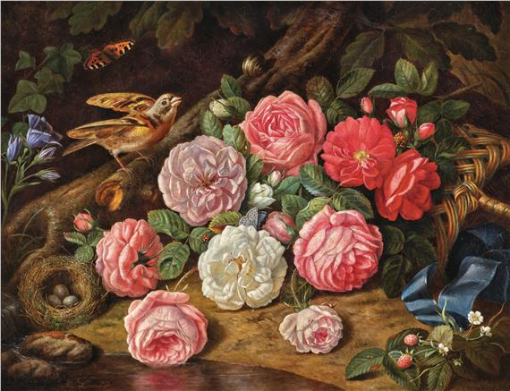 Josef Lauer | Roses on the forest floor with a bird’s nest, a sparrow ...