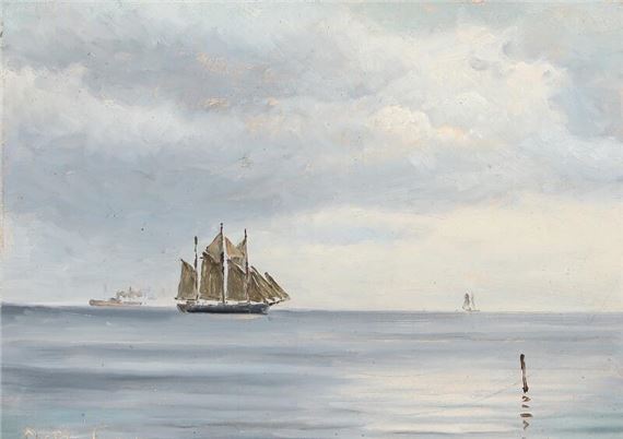 Christian Blache | Marine with sailing ships and a steamer on a calm ...