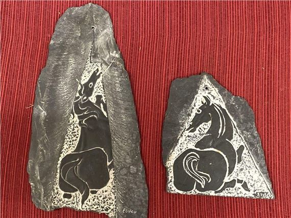Frank Eliscu | 2 carved slates by Frank Eliscu horses | MutualArt