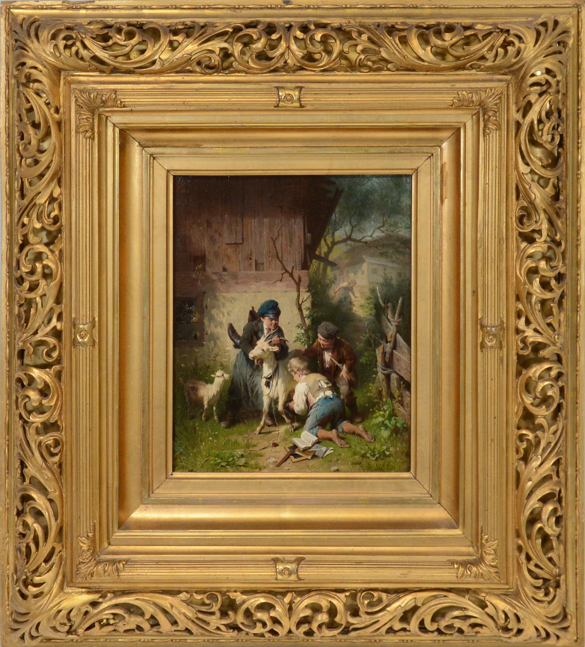 Peter Baumgartner | Three boys milking a goat (1876) | MutualArt