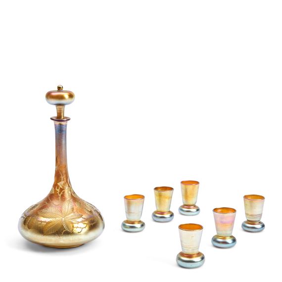 Studios Tiffany | TIFFANY STUDIOS GOLD FAVRILE DECANTER AND SIX CORDIAL ...