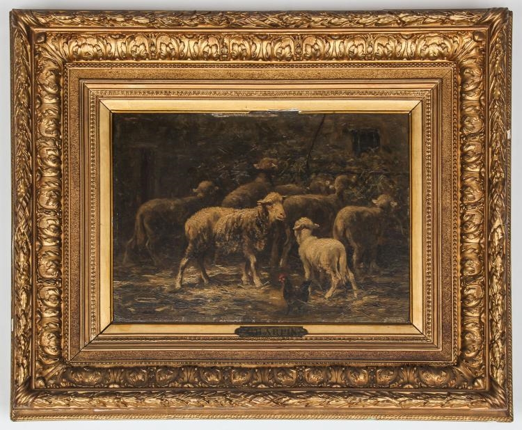 Albert Charpin | Barnyard Scene with Sheep and Rooster | MutualArt