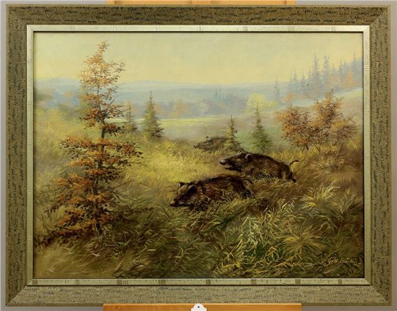 Gerhard Bluhm | Group of wild boars in the landscape | MutualArt