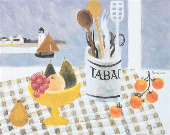Mary Fedden | Still life of laden table before seascape | MutualArt
