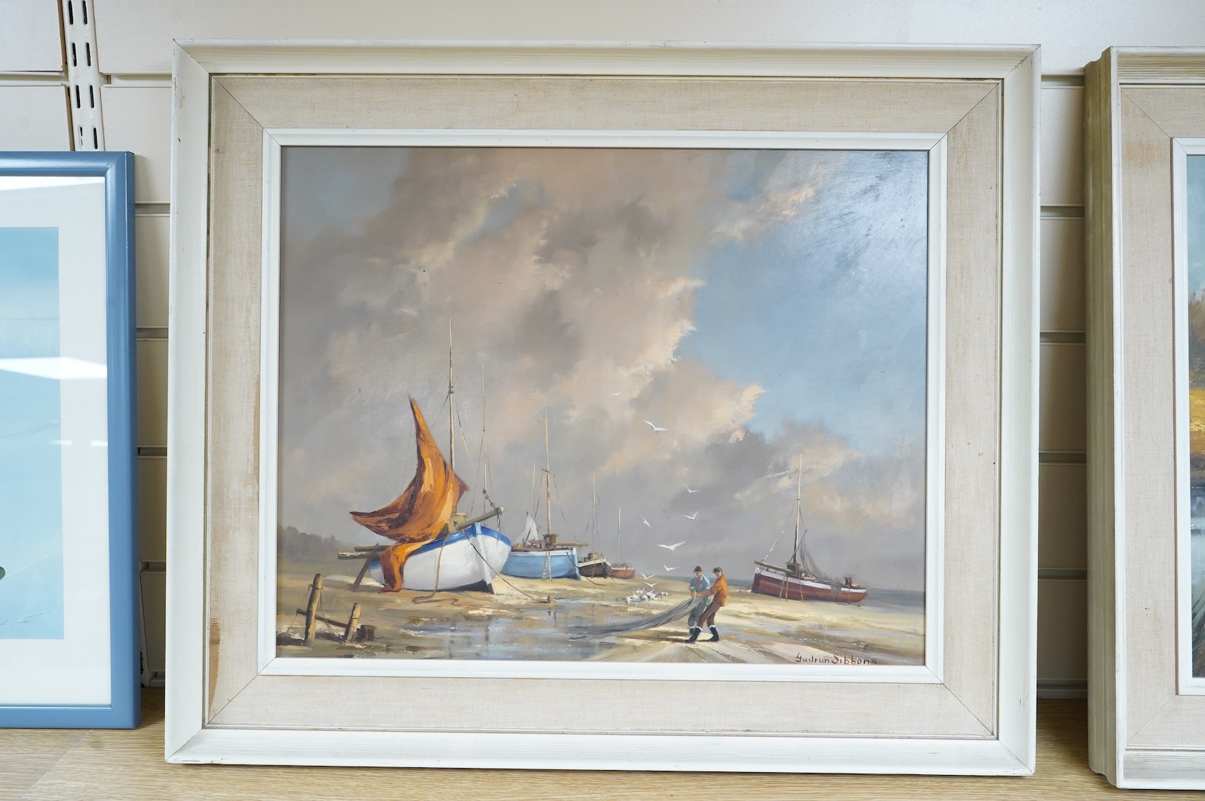 Gudrun Sibbons | Coastal view with beached fishing boats and fishermen ...