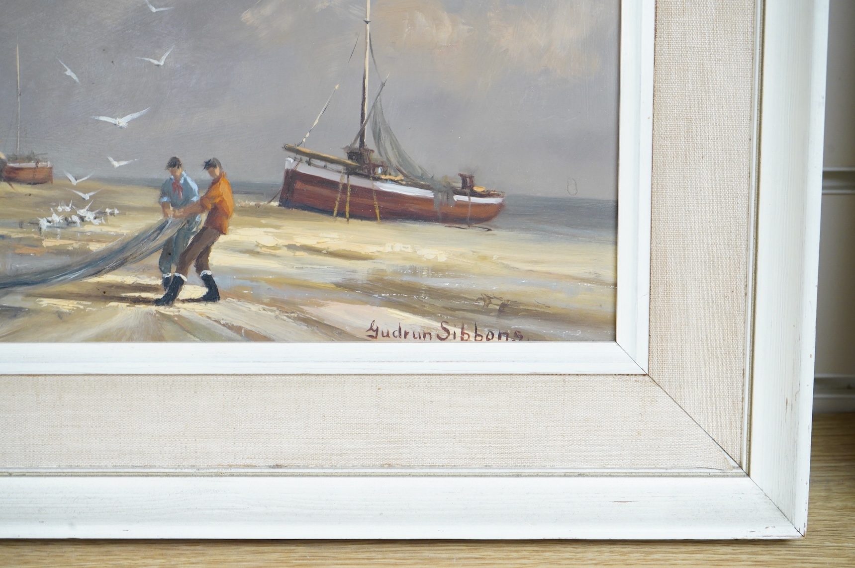 Gudrun Sibbons | Coastal view with beached fishing boats and fishermen ...