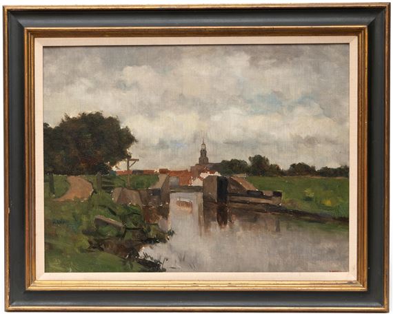 Victor Bauffe | Landschap met een kerktoren en dorp aan een vaart (1849 ...