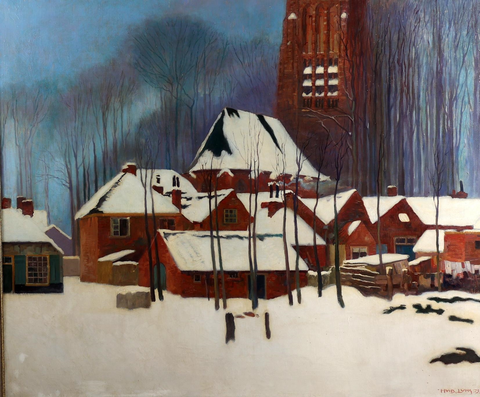 Hubert Marie Luns | Wintergezicht op Vught met huizen en kerk in de ...