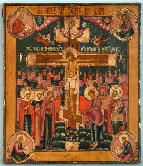 Russian School, 18th Century | Kreuzigung Christi mit Heiligen und den ...