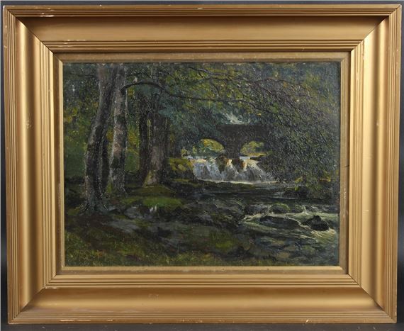 Stanley Royle | Woodland scene with waterfall below an arched bridge ...