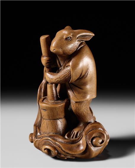 Negishi Shoune | A FINE WOOD NETSUKE OF A LUNAR HARE POUNDING MOCHI ...