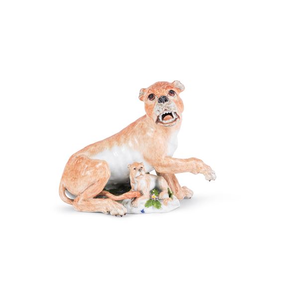 Johann Joachim Kändler | A Meissen model of a lioness with cub, circa ...