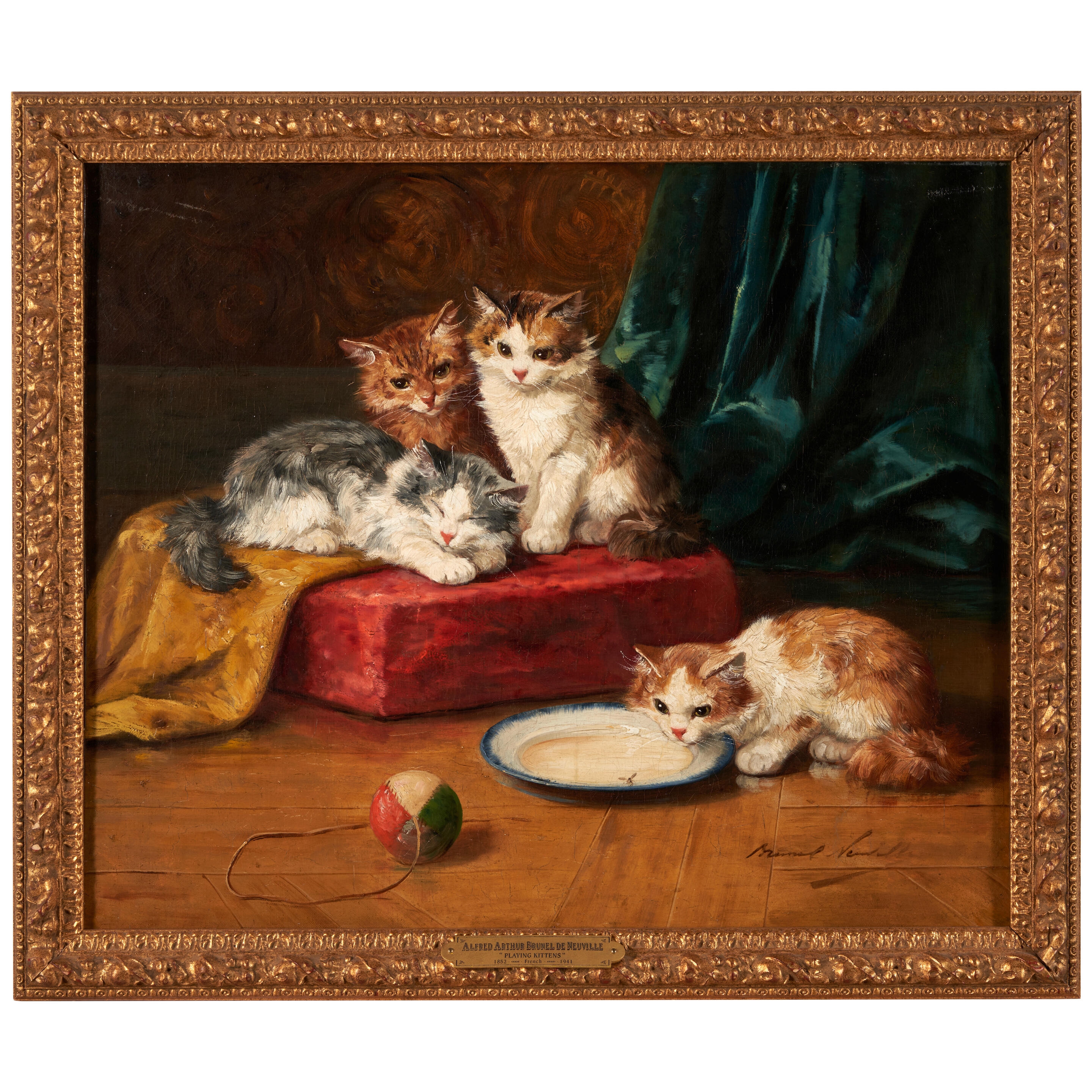 Alfred Brunel de Neuville | Kittens with a Saucer of Milk and a Ball ...