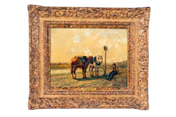 Jules Jacques Veyrassat | Resting peasant and his two horses | MutualArt