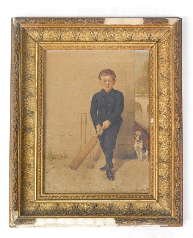 George Paice | Young boy with cricket bat and dog by his side | MutualArt
