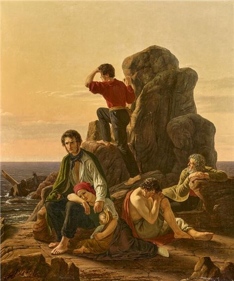 Peter Raadsig | Skibbrudne paa en øde Klippe i Havet (1838) | MutualArt