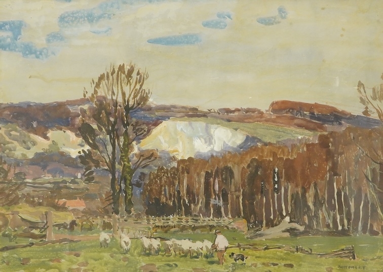 Albert Ernest Bottomley | Landscape with shepherd and flock of sheep ...