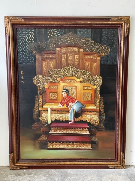 Jing Yu | LARGE OIL ON CANVAS: CHINESE CHILD ON IMPERIAL DRAGON THRONE ...