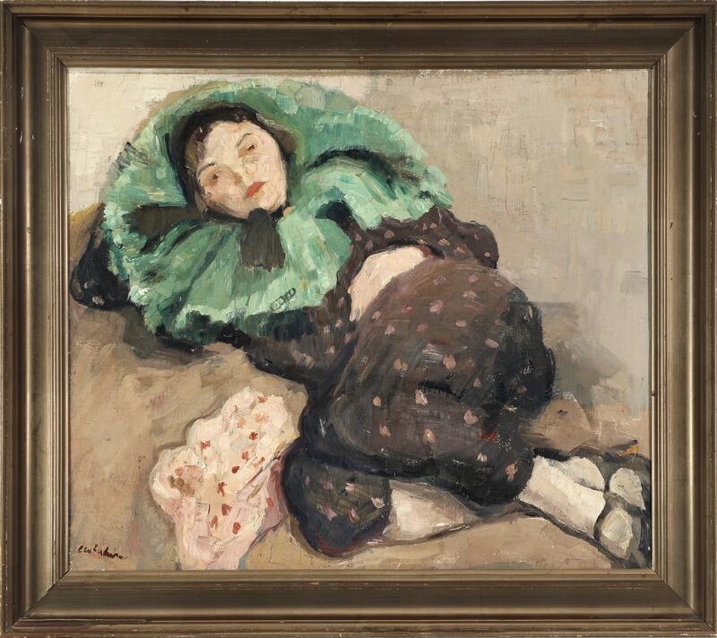 Carl Fischer | Reclining female model in a dotted suit and a large ...