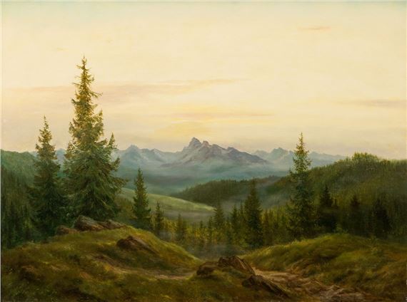 Albert Hennig | Blick über Tannenwald auf Gebirgslandschaft im ...