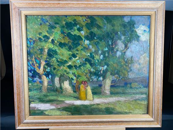 Marcel Feguide | Symbolist landscape, two women under tall trees ...