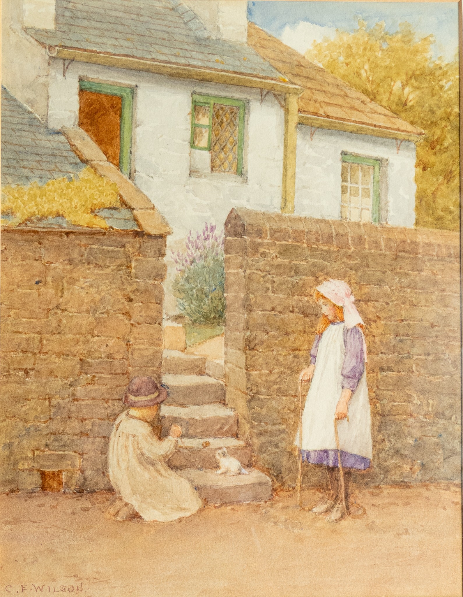 Charles Edward Wilson | watercolour of two children with kitten outside ...