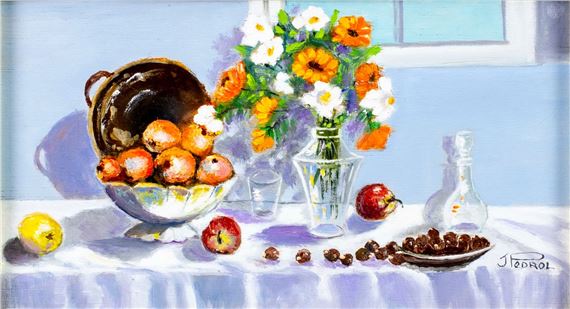 Jose Pedrol | Still Life with Vase of Flowers and Fruit | MutualArt
