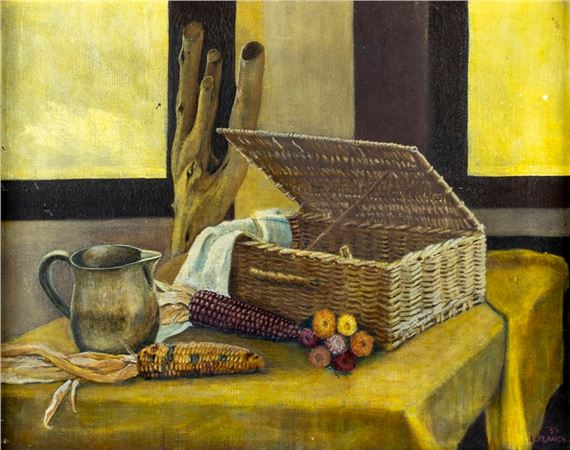 Leslie Planck | Still Life with Corn, Basket and Jug (1950) | MutualArt