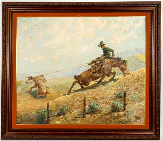 Daniel Cody Muller | Ridin Line: Cowboy Lassoing a Steer (1935) | MutualArt