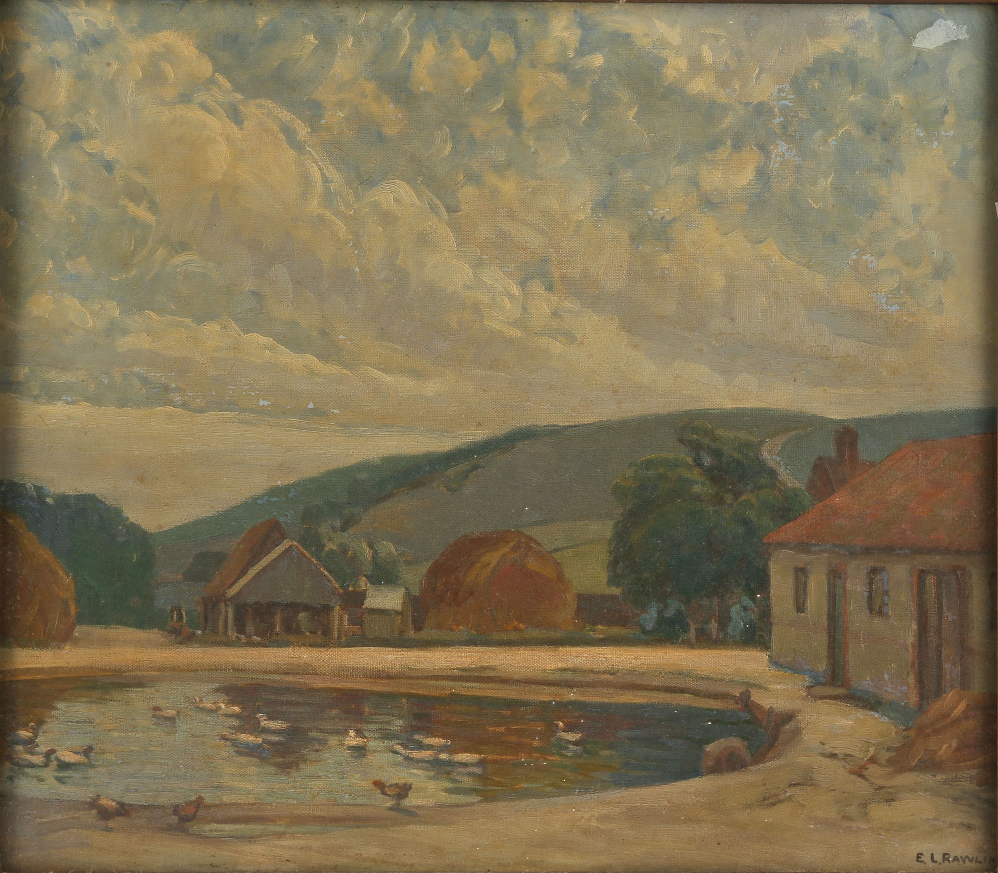 Ethel Louise Rawlins | ducks in a pond surrounded by farm buildings ...