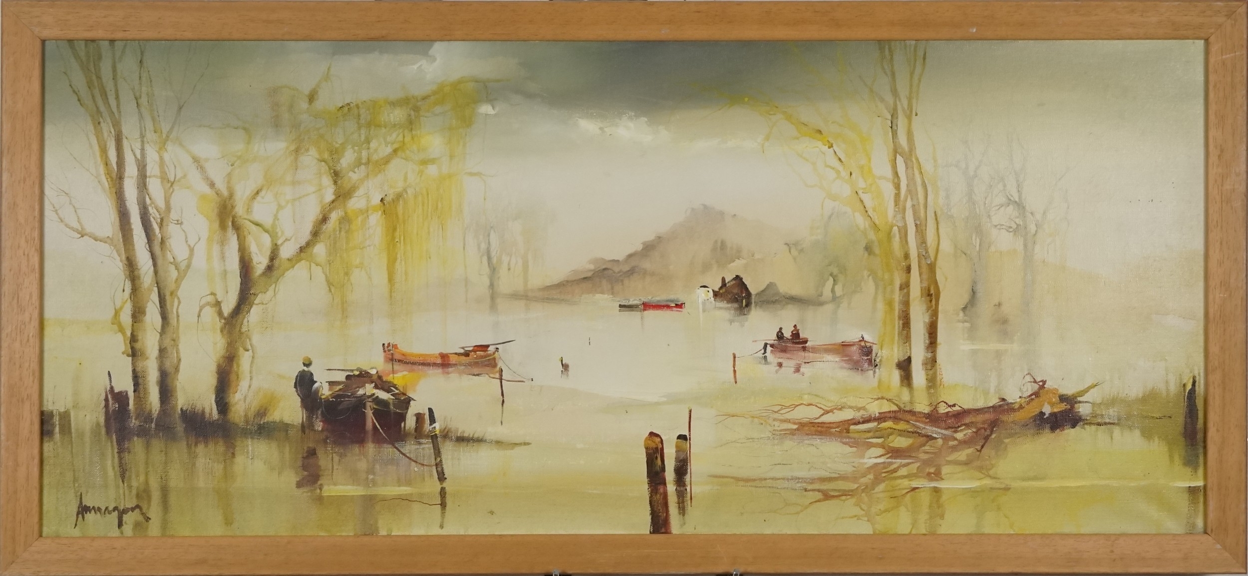 Jorge Aguilar Agón | Boats beside a river (20th Century) | MutualArt