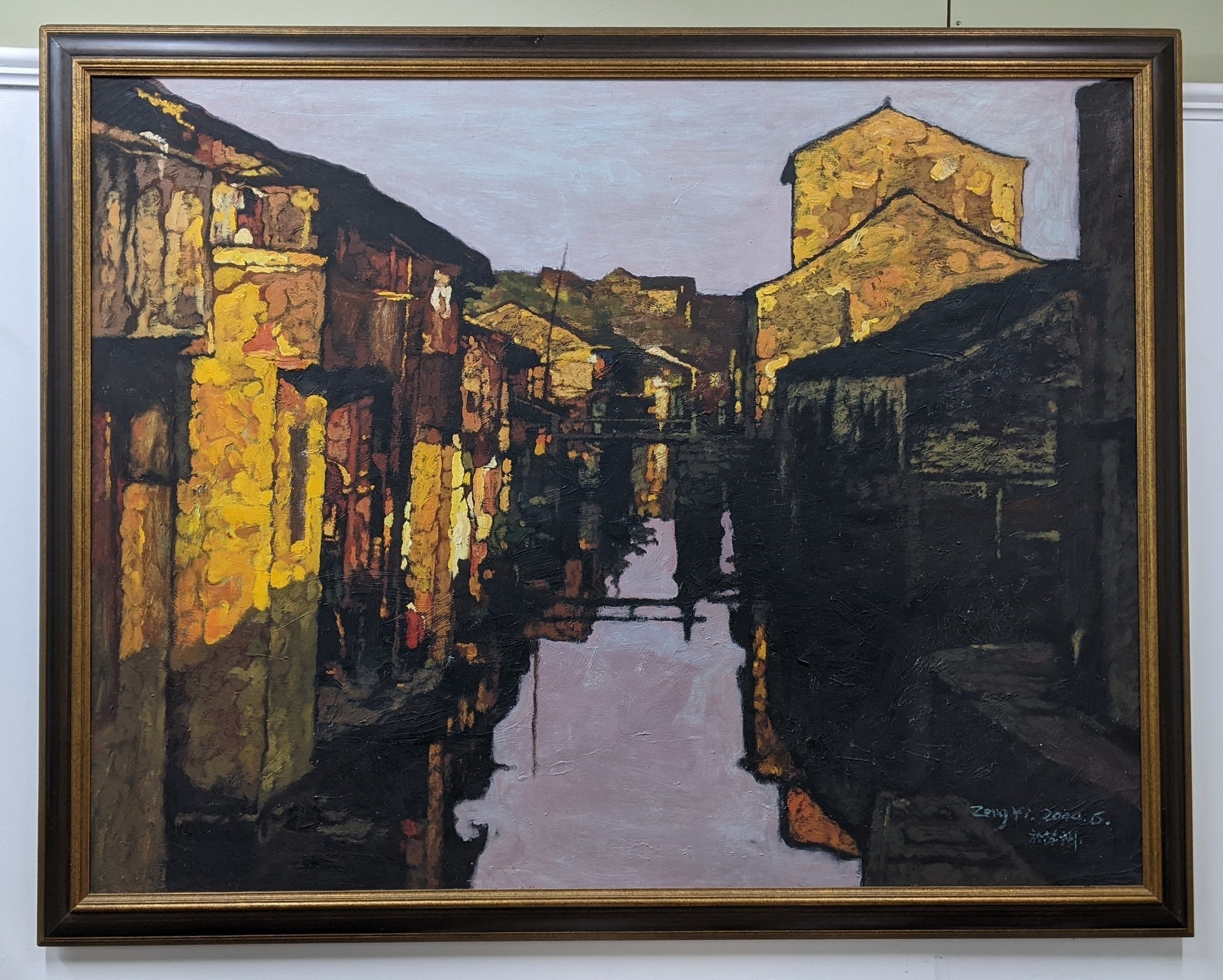 Zeng Yi | A Chinese oil on canvas depicting a canal scene at sunset ...