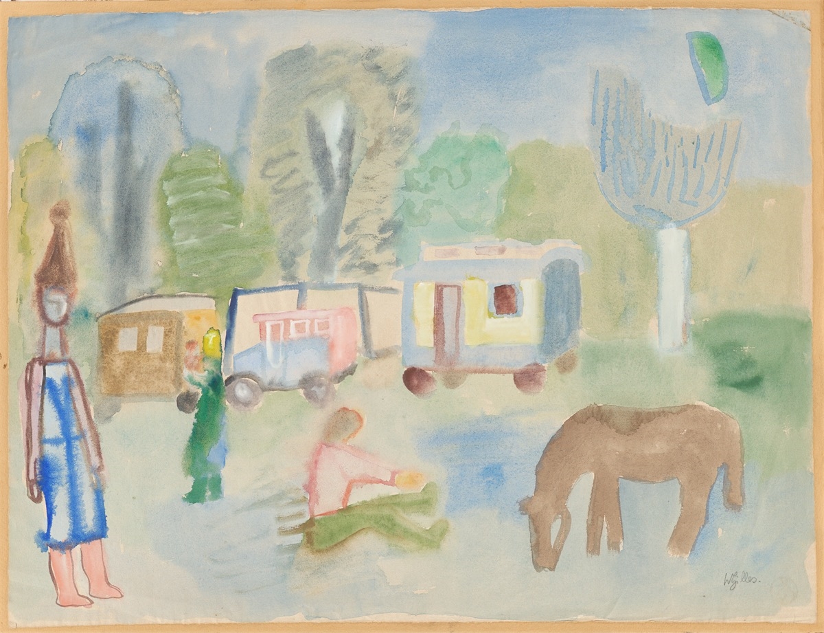 Werner Gilles | Scene with circus caravan | MutualArt